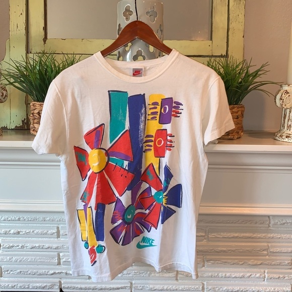 Nike | Tops | Rare Vintage Nike Spell Out Swoosh Abstract Flowers Art ...